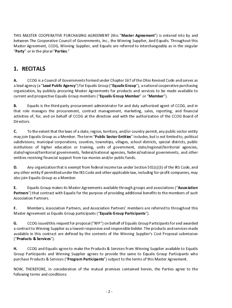 Fillable Online Master Cooperative Purchasing Agreement Between Ccog, Winning Supplier, and ...