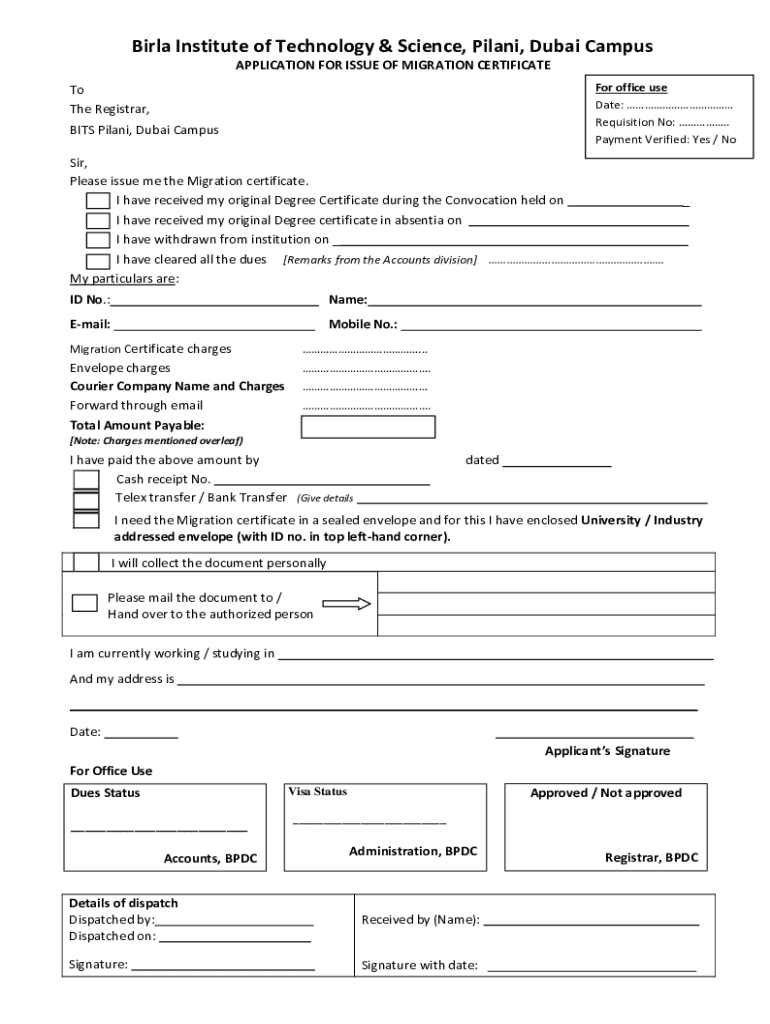 Fillable Online Migration Certificate Application Fax Email Print - pdfFiller