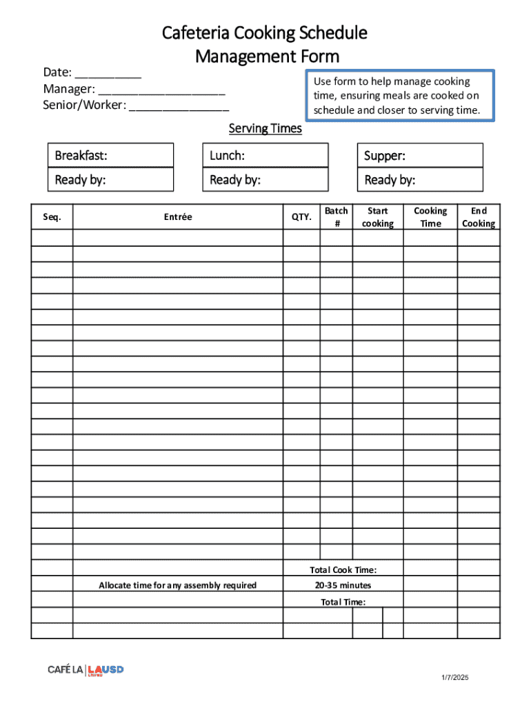 Fillable Online Cafeteria Cooking Schedule Fax Email Print - pdfFiller