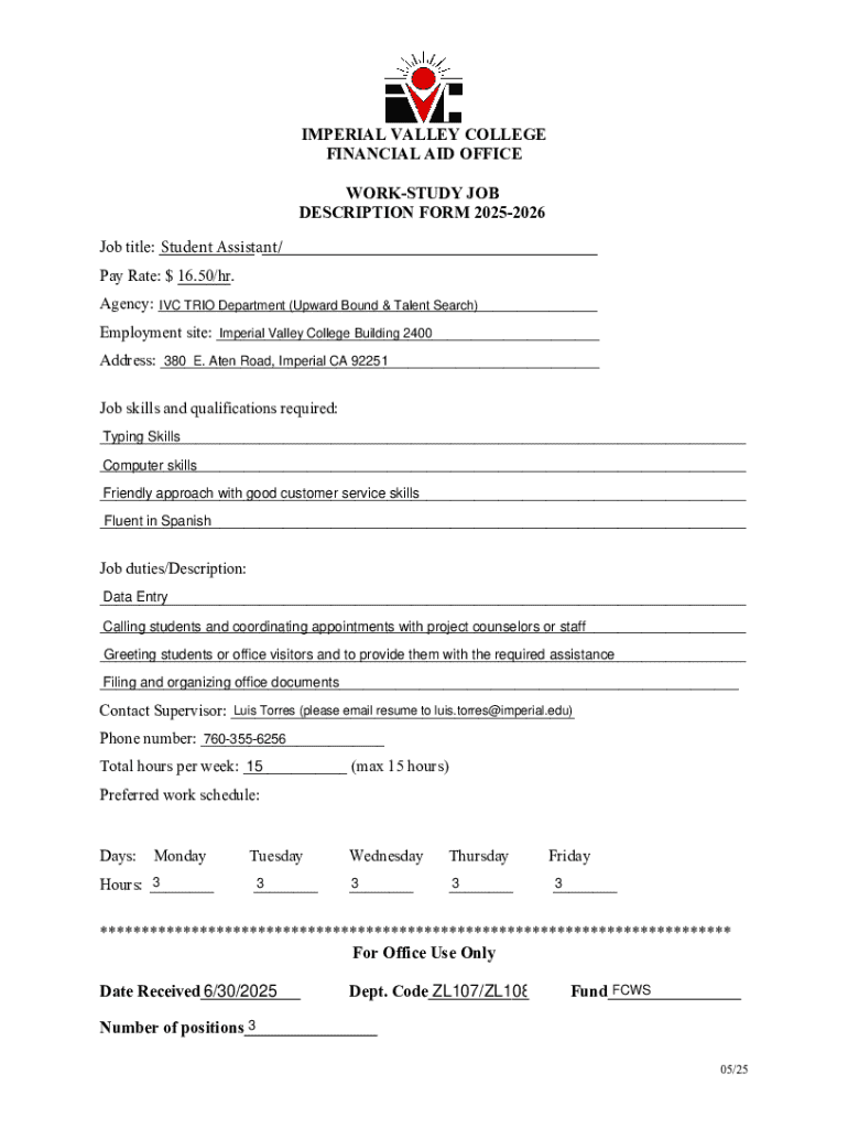 Fillable Online Financial Aid Office Work-study Job Description Fax Email Print - pdfFiller