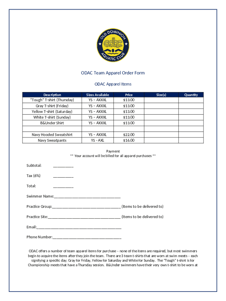 Odac Team Apparel Order Doc Template | pdfFiller