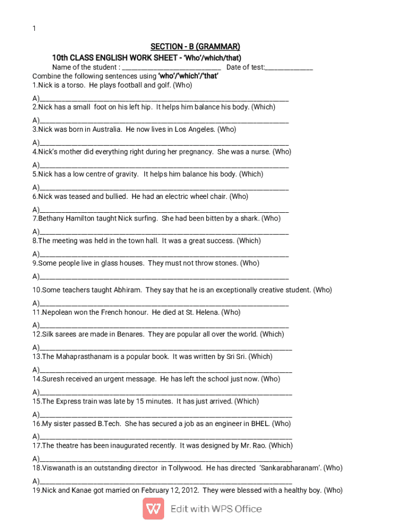 Fillable Online 10th Class English Work Sheet - Various Grammar ...