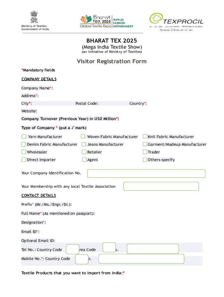 Fillable Online Bharat Tex 2025 Visitor Registration Fax Email Print ...