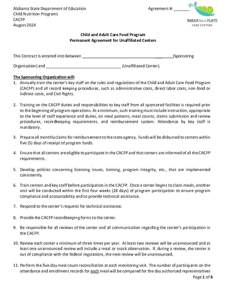 Fillable Online Child and Adult Care Food Program Permanent Agreement for Unaffiliated Centers ...