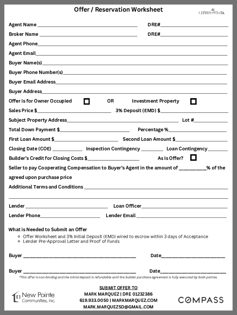 Fillable Online Offer / Reservation Worksheet Fax Email Print - pdfFiller