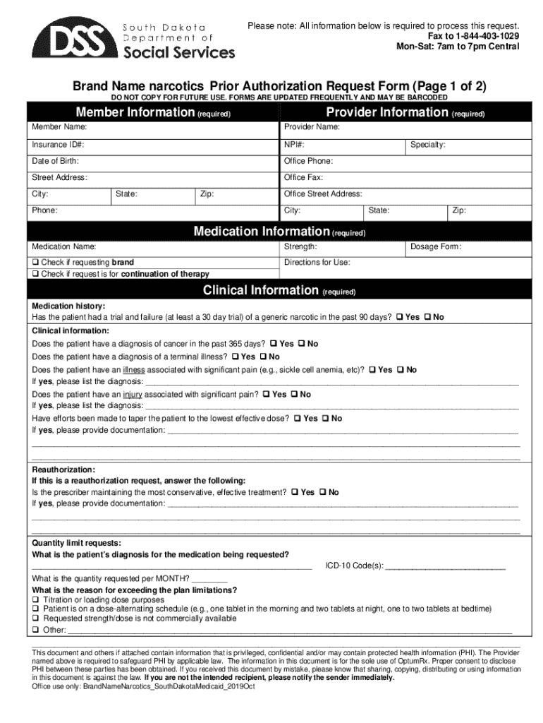 Fillable Online Brand Name Narcotics Prior Authorization Request Form ...