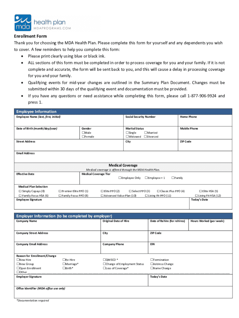 Fillable Online Mda Health Plan Enrollment Fax Email Print - pdfFiller