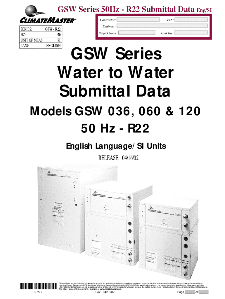 Fillable Online Gsw Series 50hz - R22 Submittal Data Fax Email Print ...