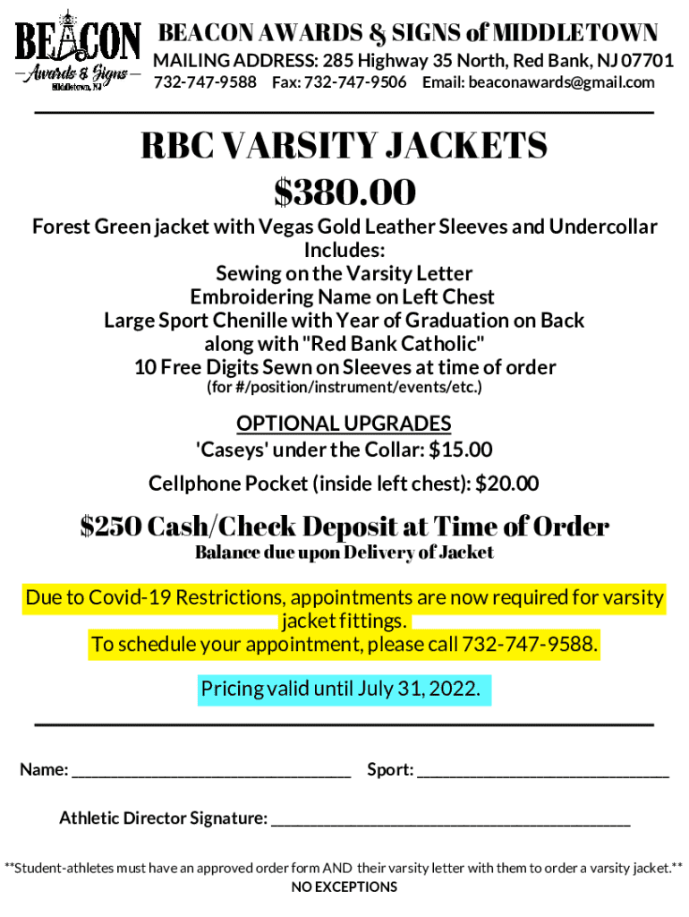 Fillable Online Rbc Varsity Jacket Order Form Fax Email Print - pdfFiller