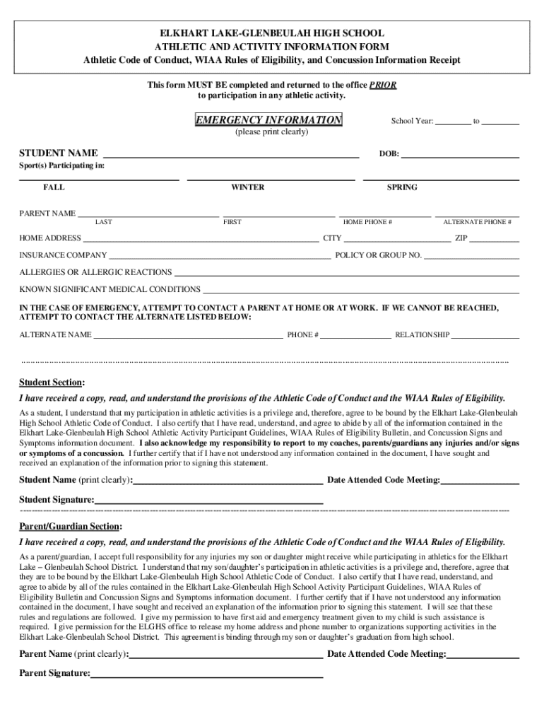 Fillable Online Elkhart Lake-glenbeulah High School Athletic and ...