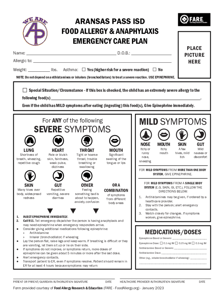 Fillable Online Food Allergy & Anaphylaxis Emergency Care Plan Fax ...