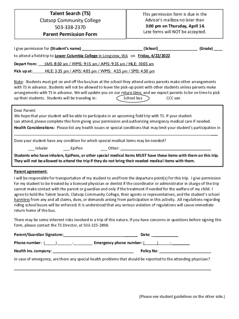 Fillable Online Talent Search Parent Permission Form Fax Email Print ...