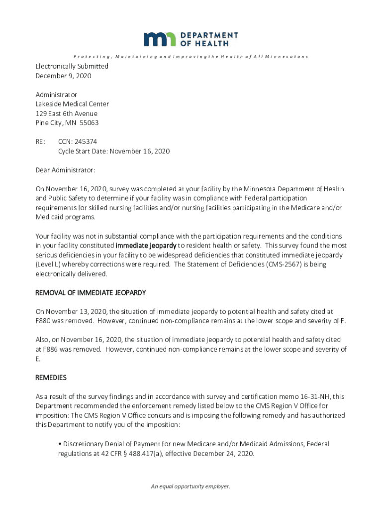 Fillable Online Statement of Deficiencies and Plan of Correction - Lakeside Medical Center Fax ...