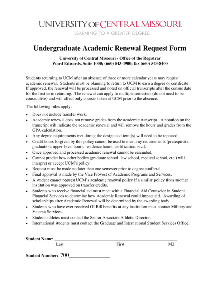 Fillable Online Undergraduate Academic Renewal Request Fax Email Print ...