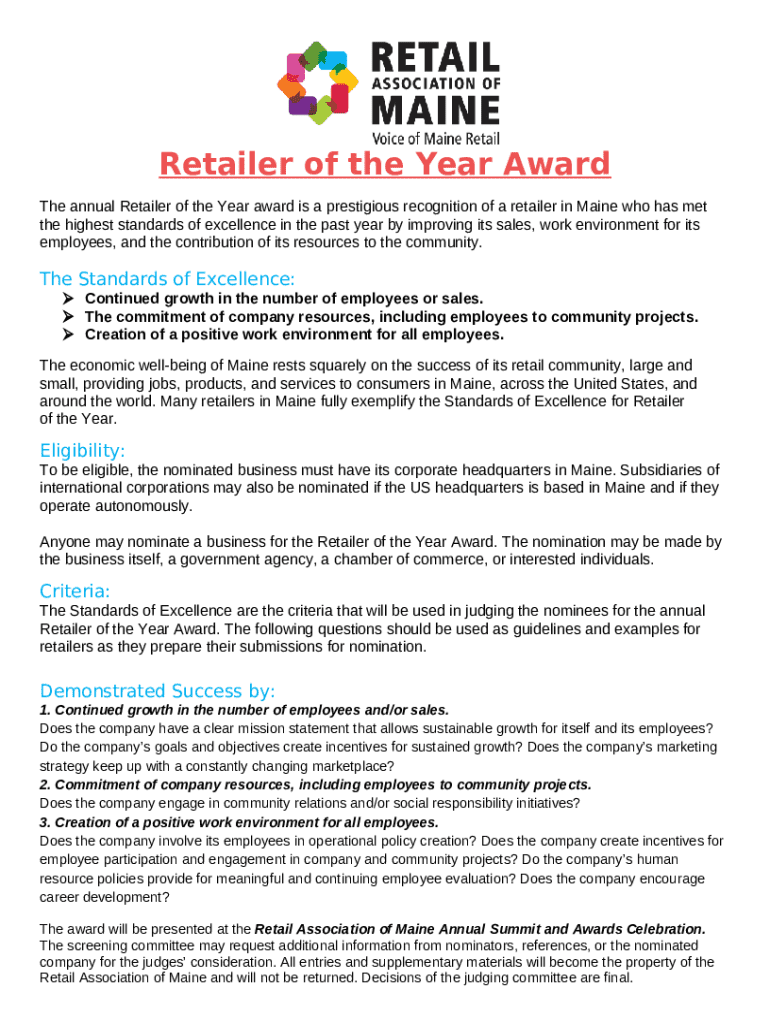 Retailer of the Year Award Nomination Doc Template | pdfFiller