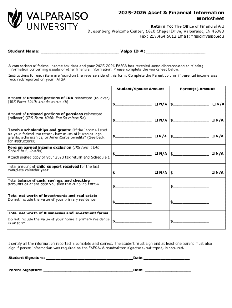 Fillable Online 2025-2026 Asset & Financial Information Worksheet Fax ...