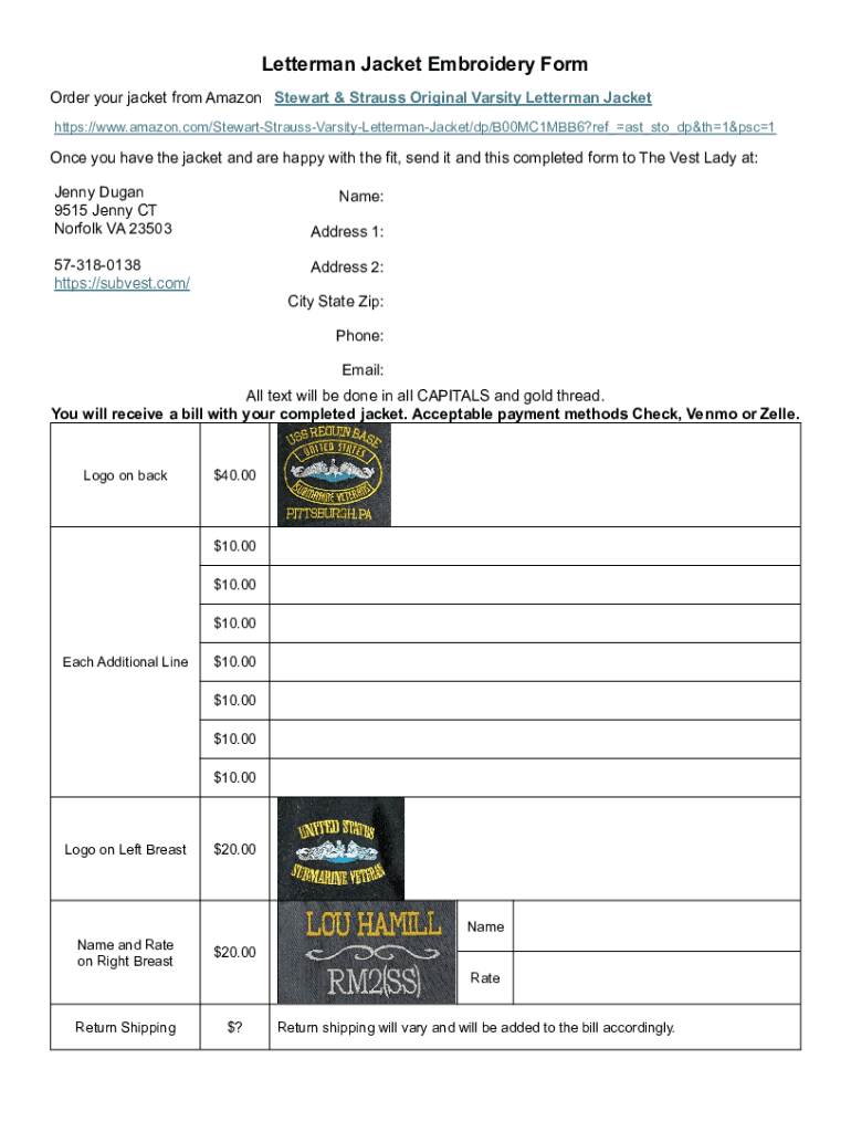 Fillable Online Order Form for Letterman Jacket Embroidery Fax Email Print - pdfFiller