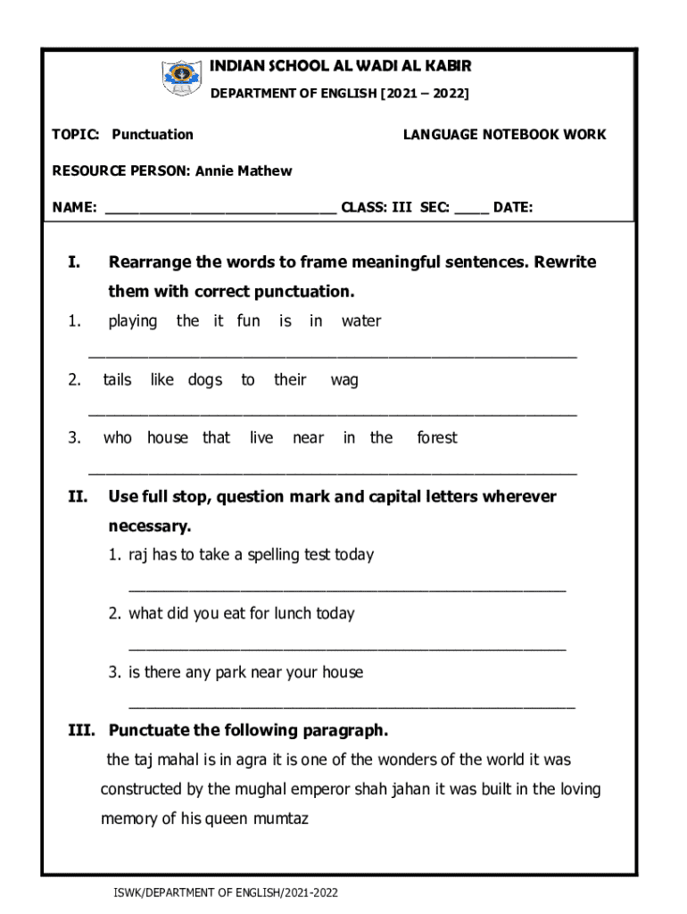 Fillable Online Punctuation Language Notebook Work Fax Email Print ...