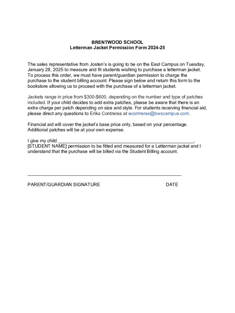 Fillable Online Letterman Jacket Permission Form Fax Email Print - pdfFiller