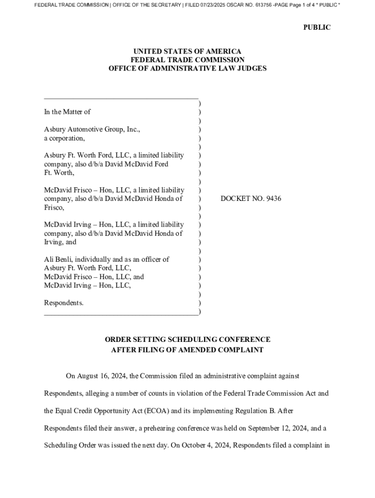 Fillable Online Order Setting Scheduling Conference After Filing of ...