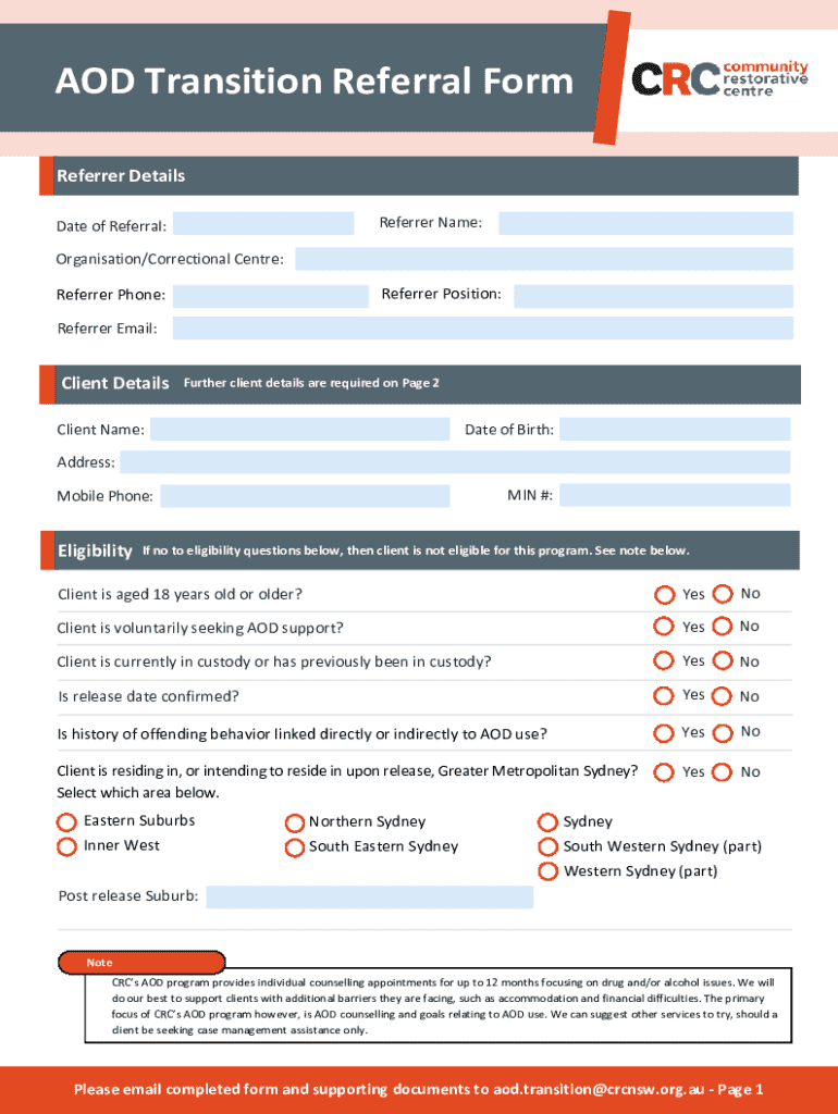 Fillable Online Aod Transition Referral Form Fax Email Print - pdfFiller