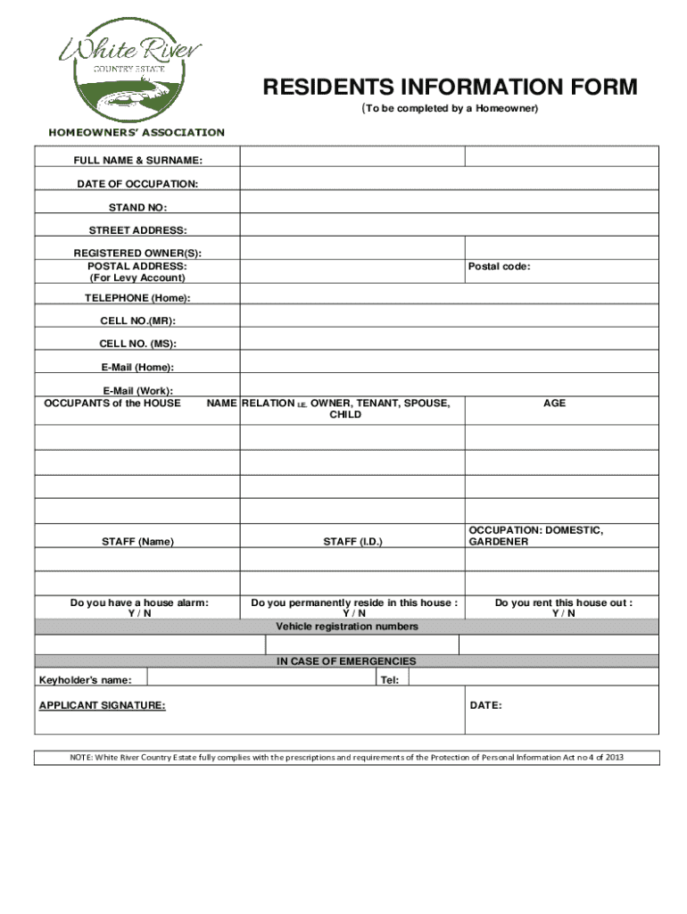 Fillable Online Homeowners’ Association Residents Information Fax Email Print - pdfFiller