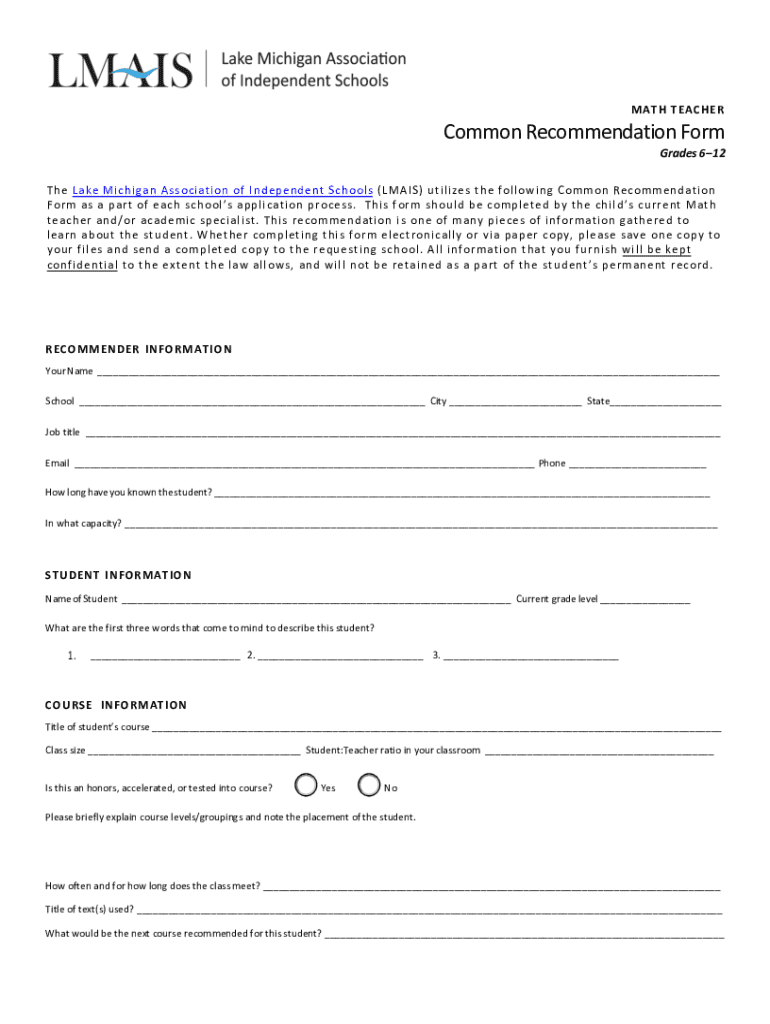 Fillable Online Common Recommendation Form for Math Teacher Fax Email ...