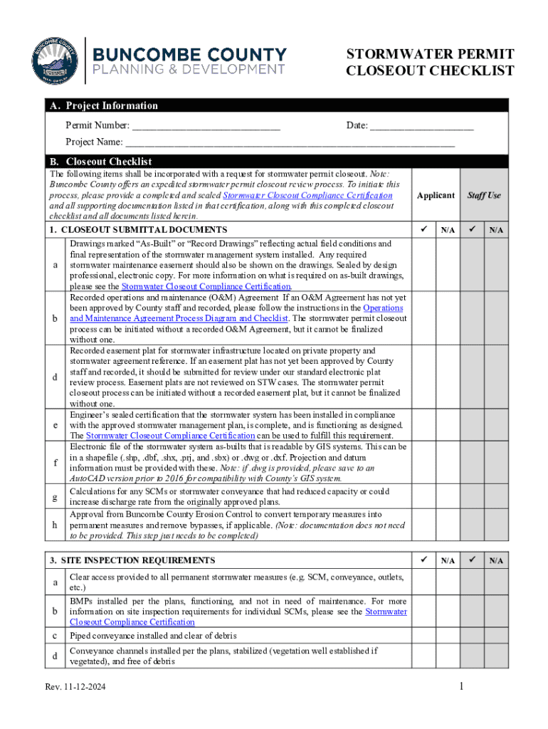 Fillable Online Stormwater Permit Closeout Checklist Fax Email Print ...