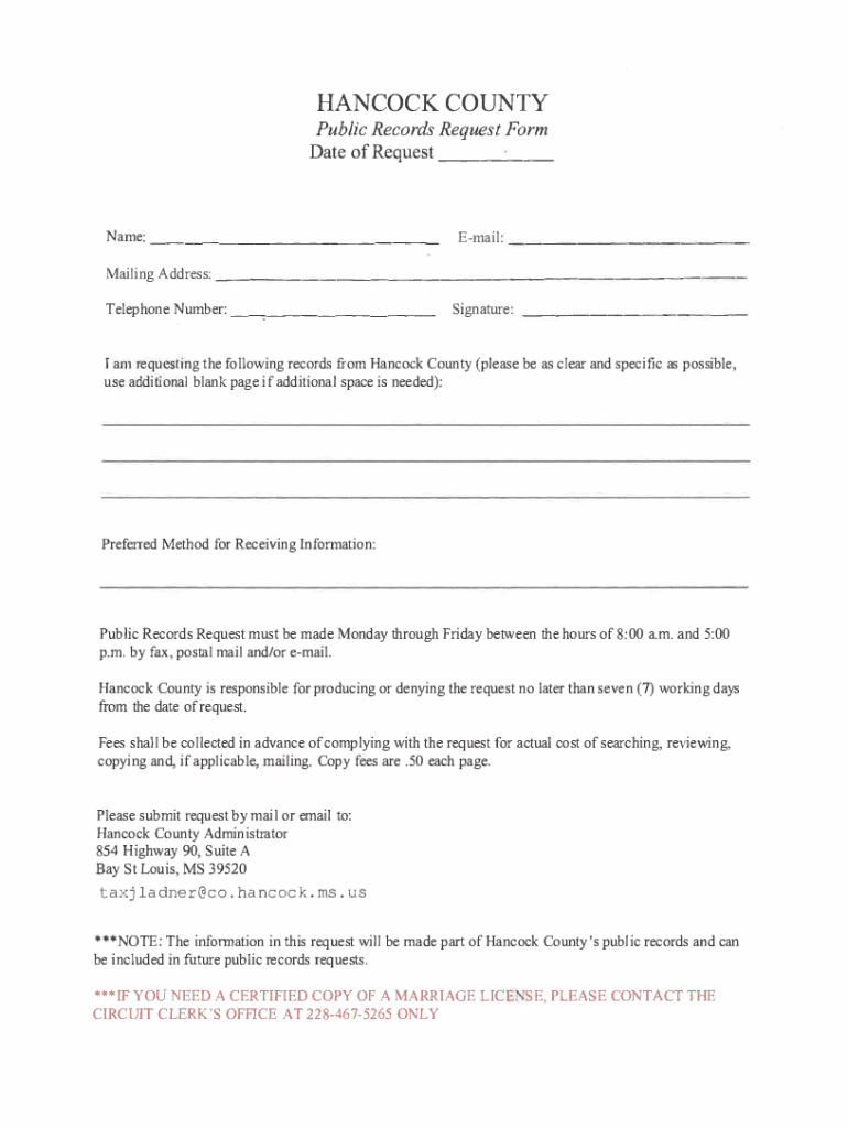 Fillable Online Hancock County Public Records Request Form Fax Email Print - pdfFiller
