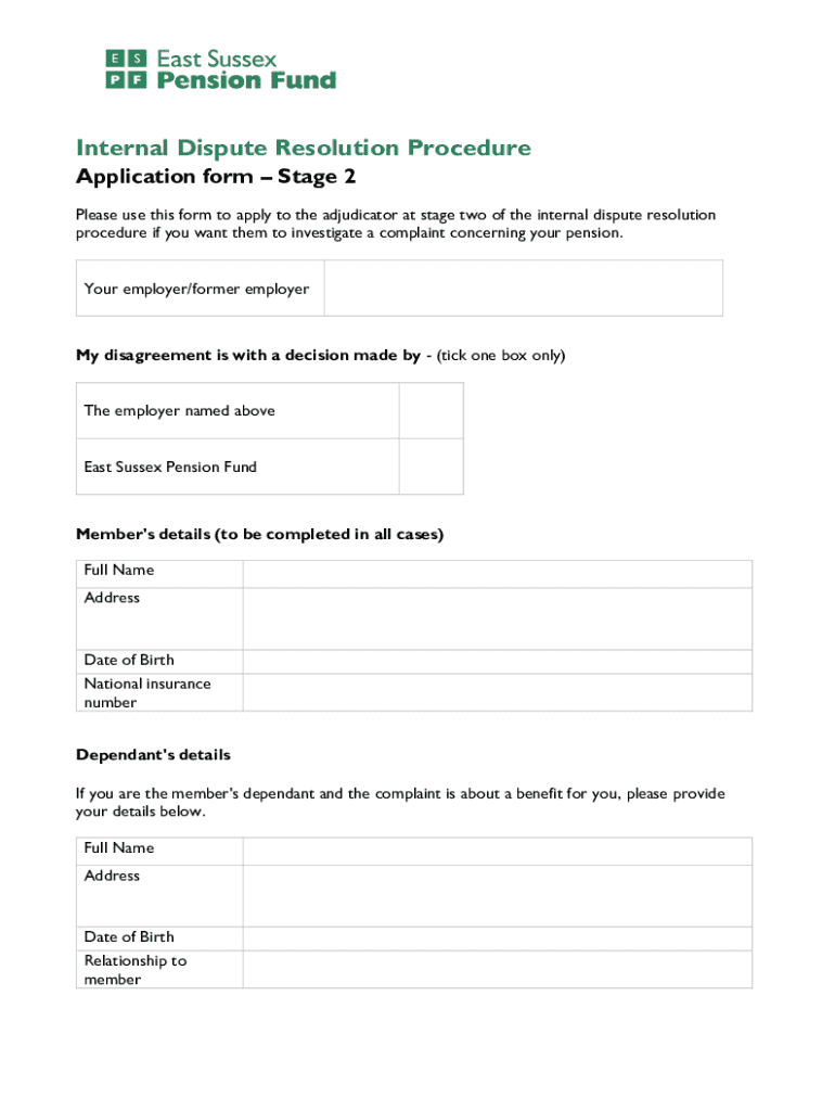 Fillable Online Application for Stage 2 of Internal Dispute Resolution ...