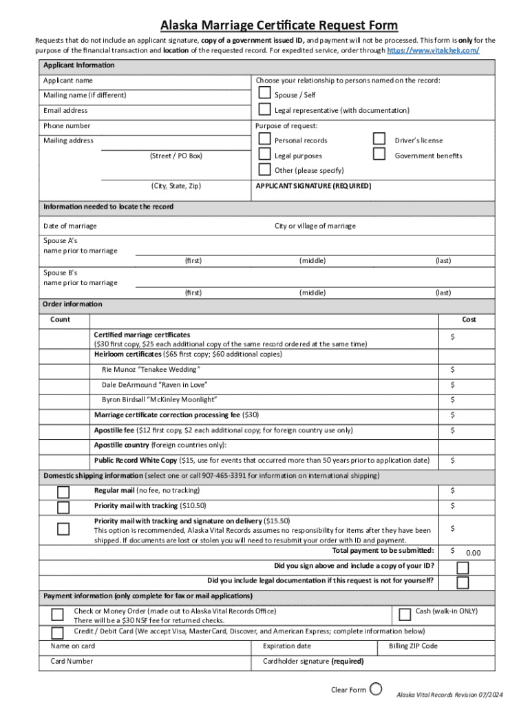 Fillable Online Alaska Marriage Certificate Request Form Instructions ...