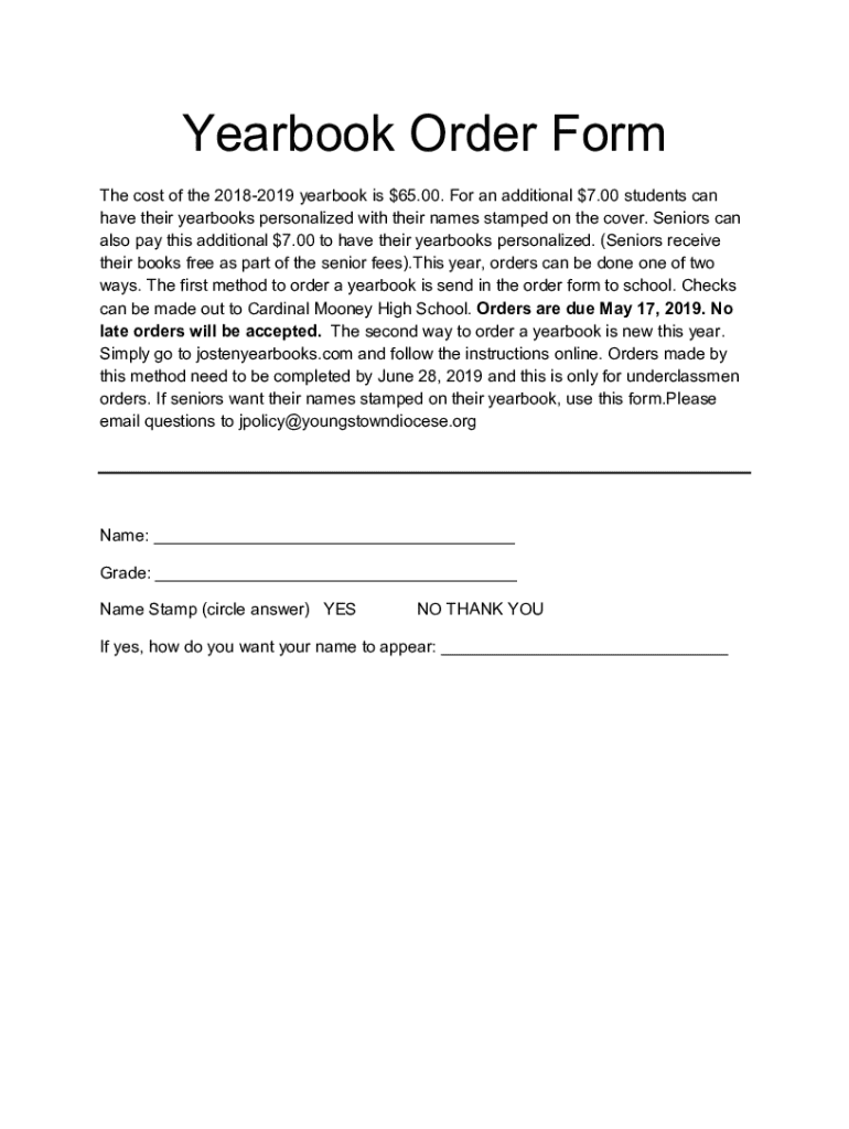 Fillable Online Yearbook Order Form for 2018-2019 Fax Email Print - pdfFiller