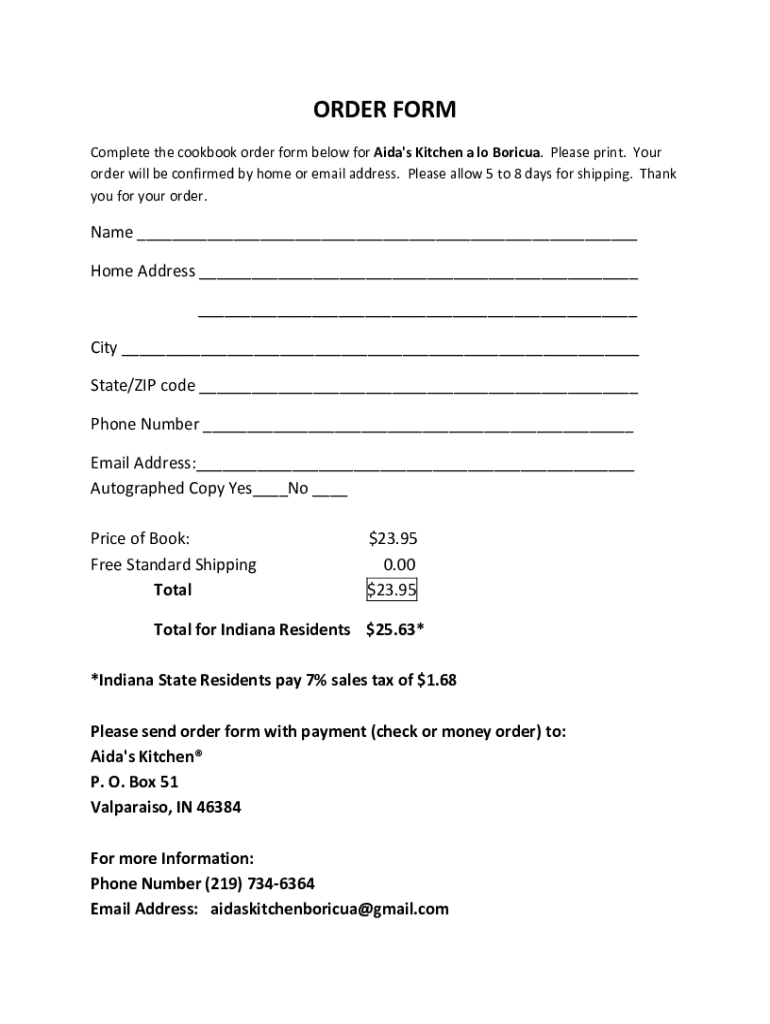 Fillable Online Cookbook Order Form for Aida's Kitchen Fax Email Print ...