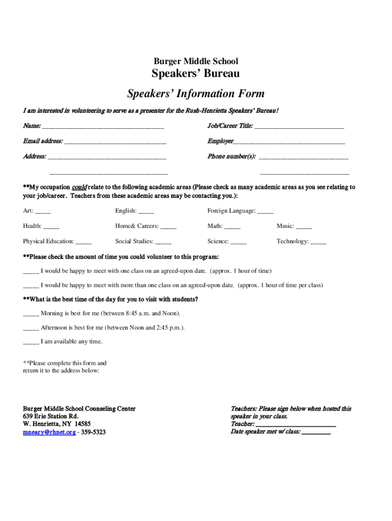 Fillable Online Rush-henrietta Speakers’ Bureau Volunteer Form Fax Email Print - pdfFiller