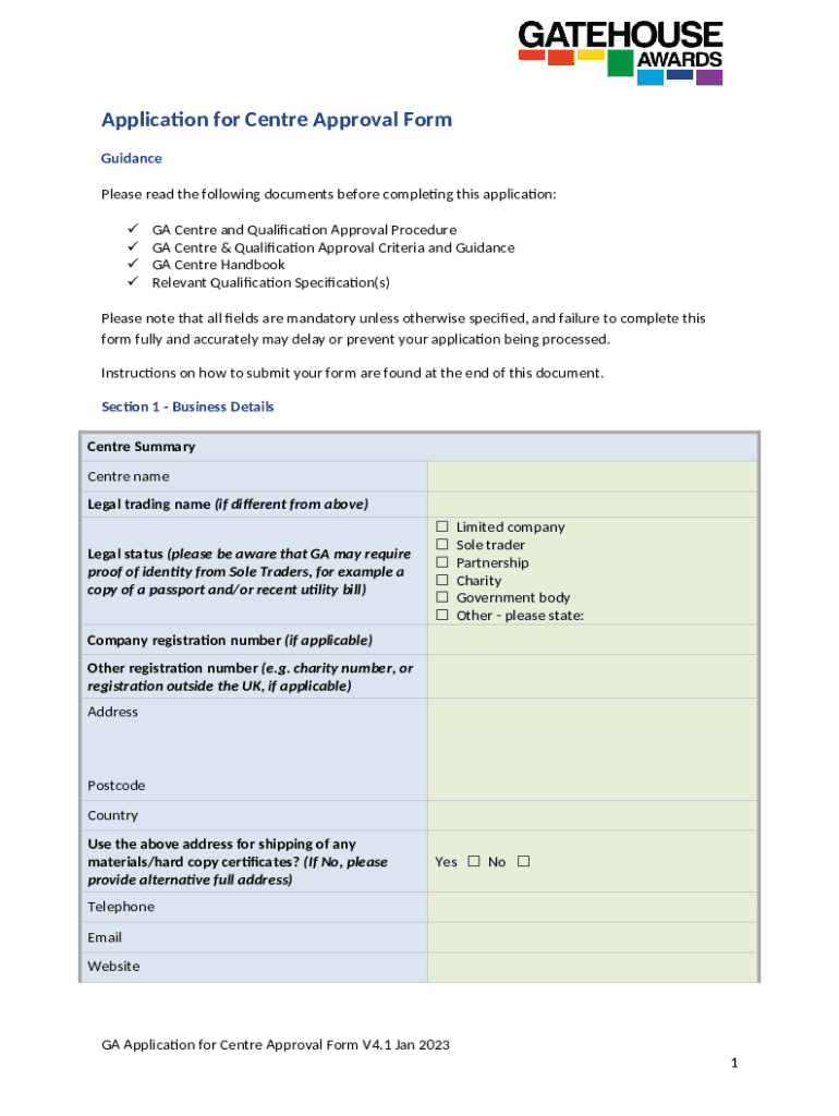 Application for Centre Approval Doc Template | pdfFiller