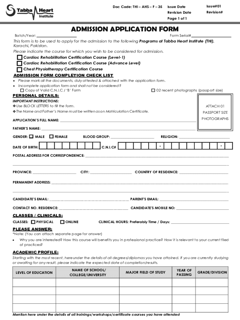 Fillable Online Admission Application Form for Tabba Heart Institute Fax Email Print - pdfFiller