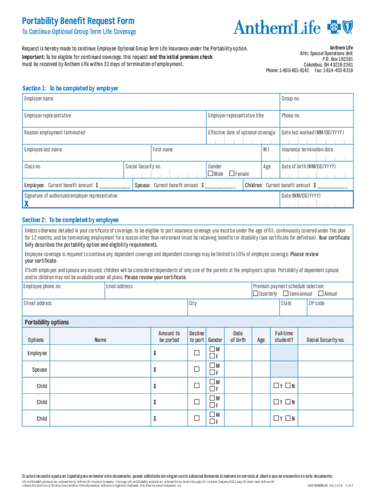 Fillable Online Portability Benefit Request Form to Continue Optional ...