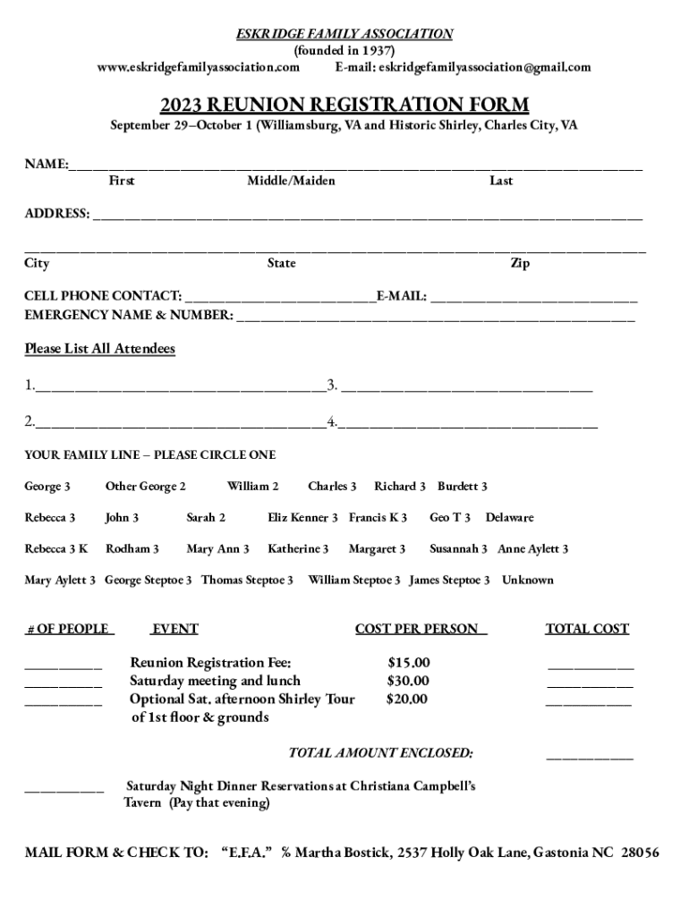 Fillable Online Eskridge Family Association Reunion Registration Fax ...