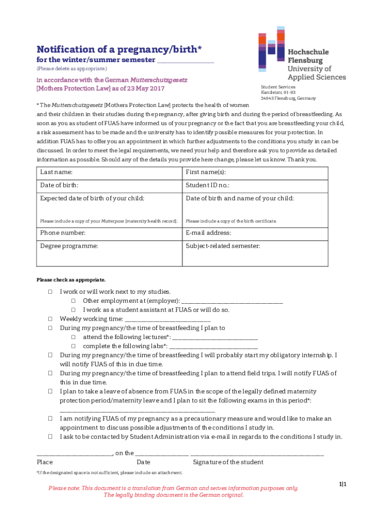 Fillable Online Notification of Pregnancy/birth for Students Fax Email ...