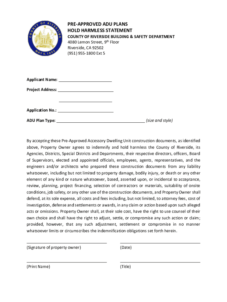 Fillable Online Pre-approved Adu Plans Hold Harmless Statement Fax ...