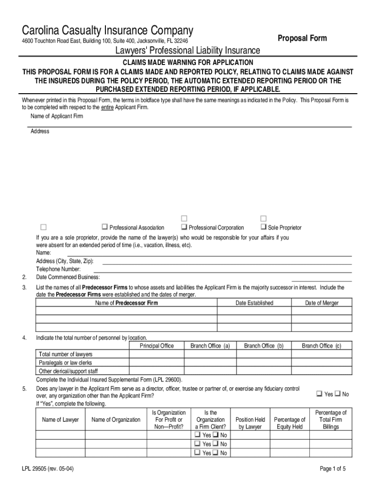 Fillable Online Lawyers' Professional Liability Insurance Proposal Form ...