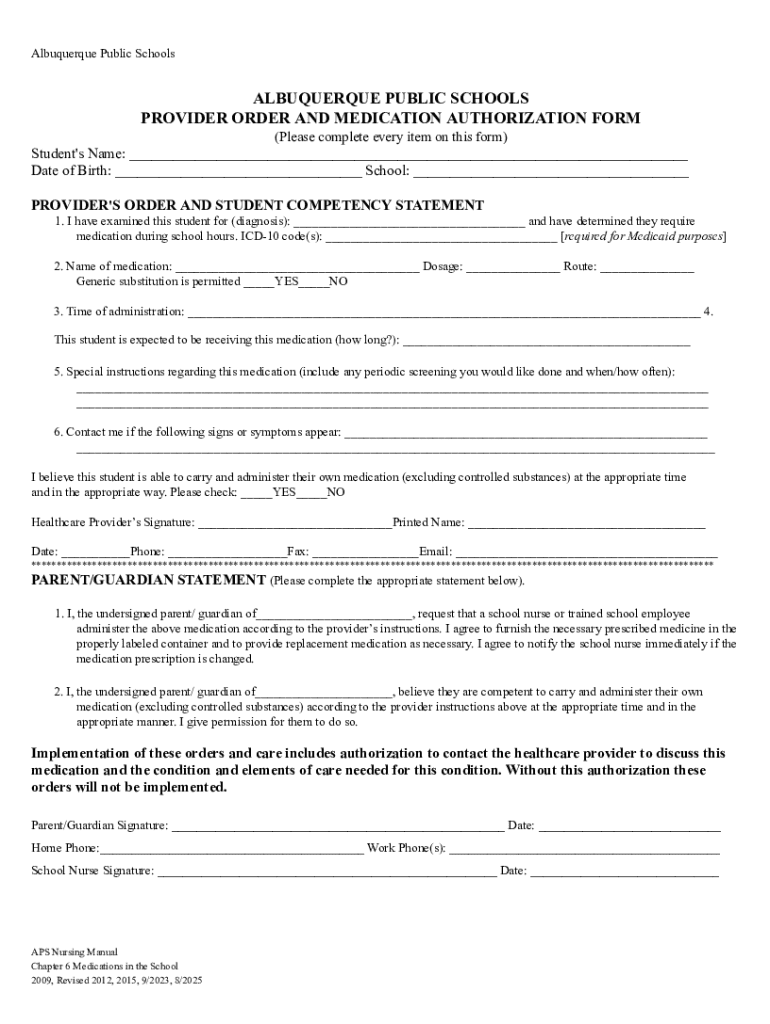 Fillable Online Albuquerque Public Schools Provider Order and Medication Authorization Form Fax ...