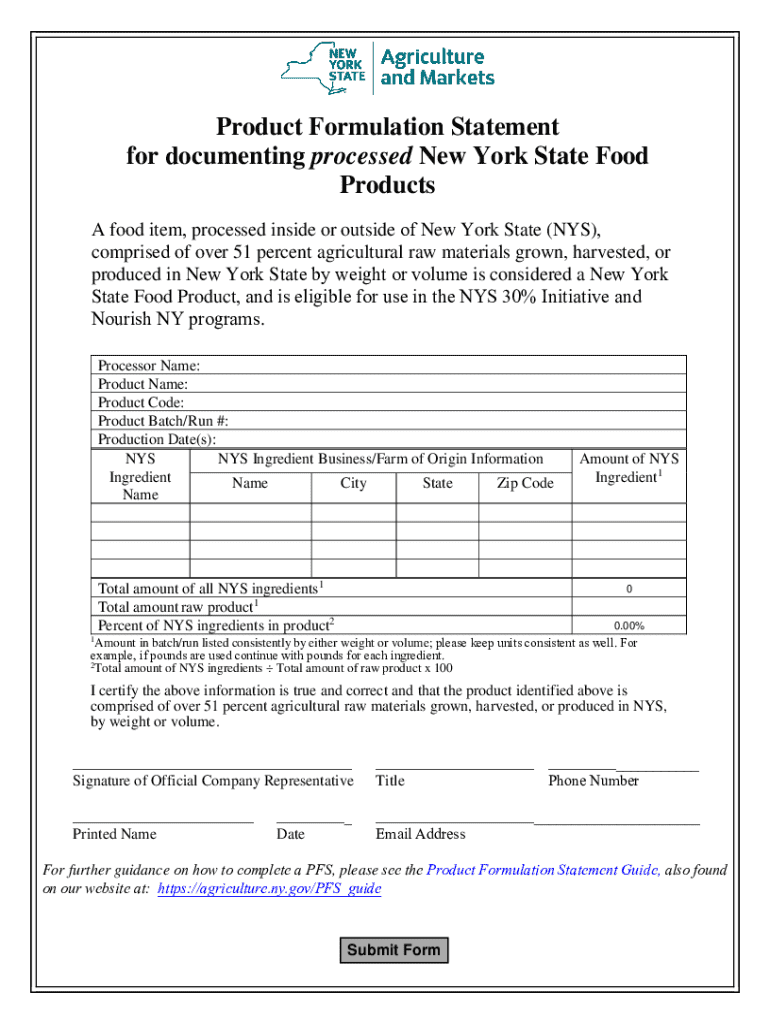 Fillable Online Product Formulation Statement for New York State Food ...
