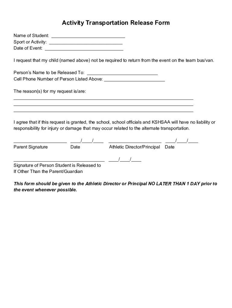 Fillable Online Activity Transportation Release Form Fax Email Print ...