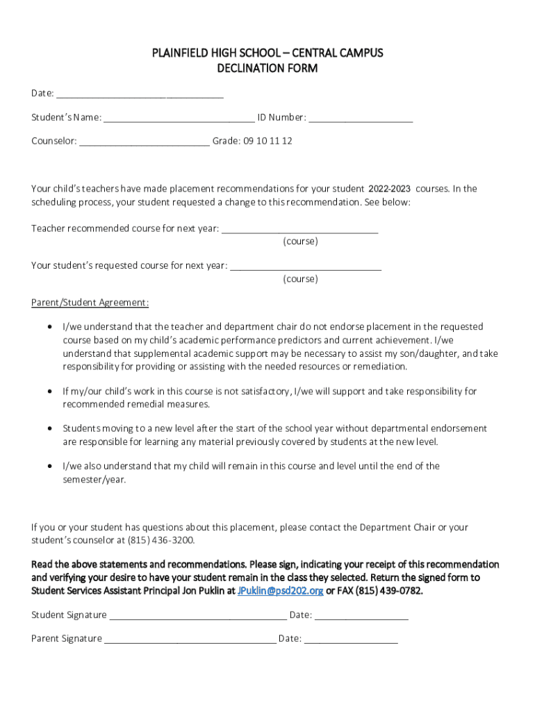 Fillable Online Plainfield High School – Central Campus Declination Form Fax Email Print - pdfFiller