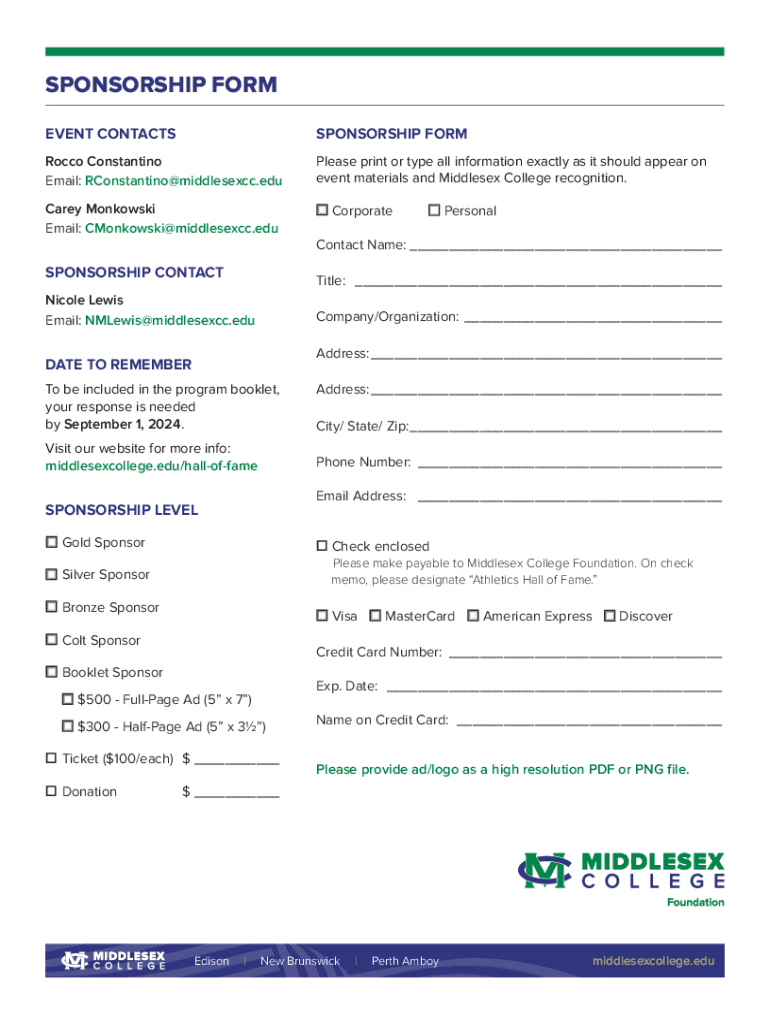 Fillable Online Middlesex College Athletics Induction Ceremony Sponsorship Fax Email Print ...
