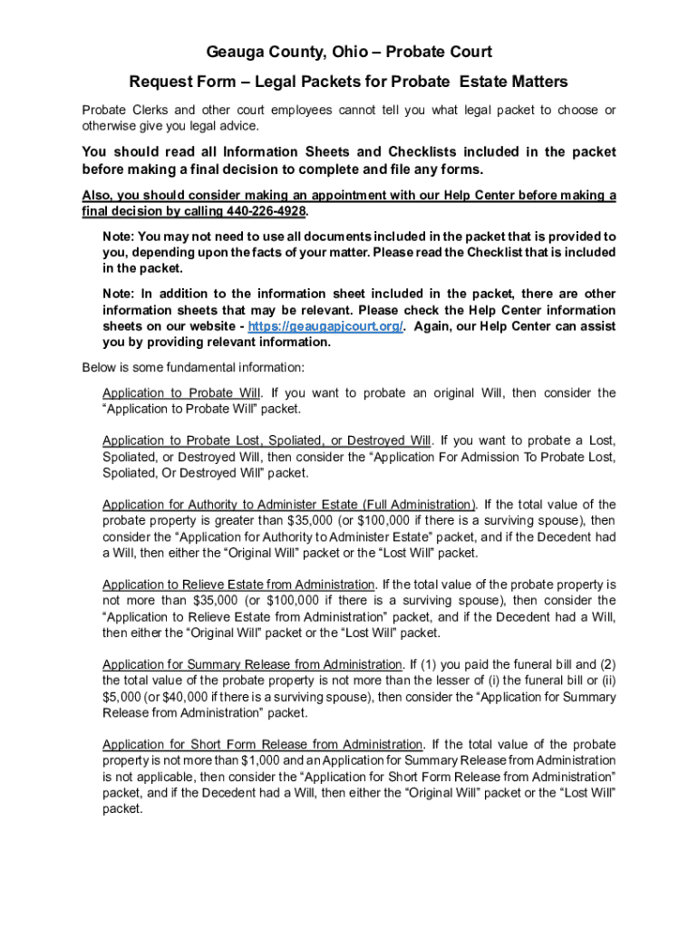 Fillable Online Request Form – Legal Packets for Probate Estate Matters ...