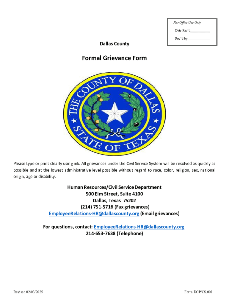 Fillable Online Dallas County Formal Grievance Form Fax Email Print ...