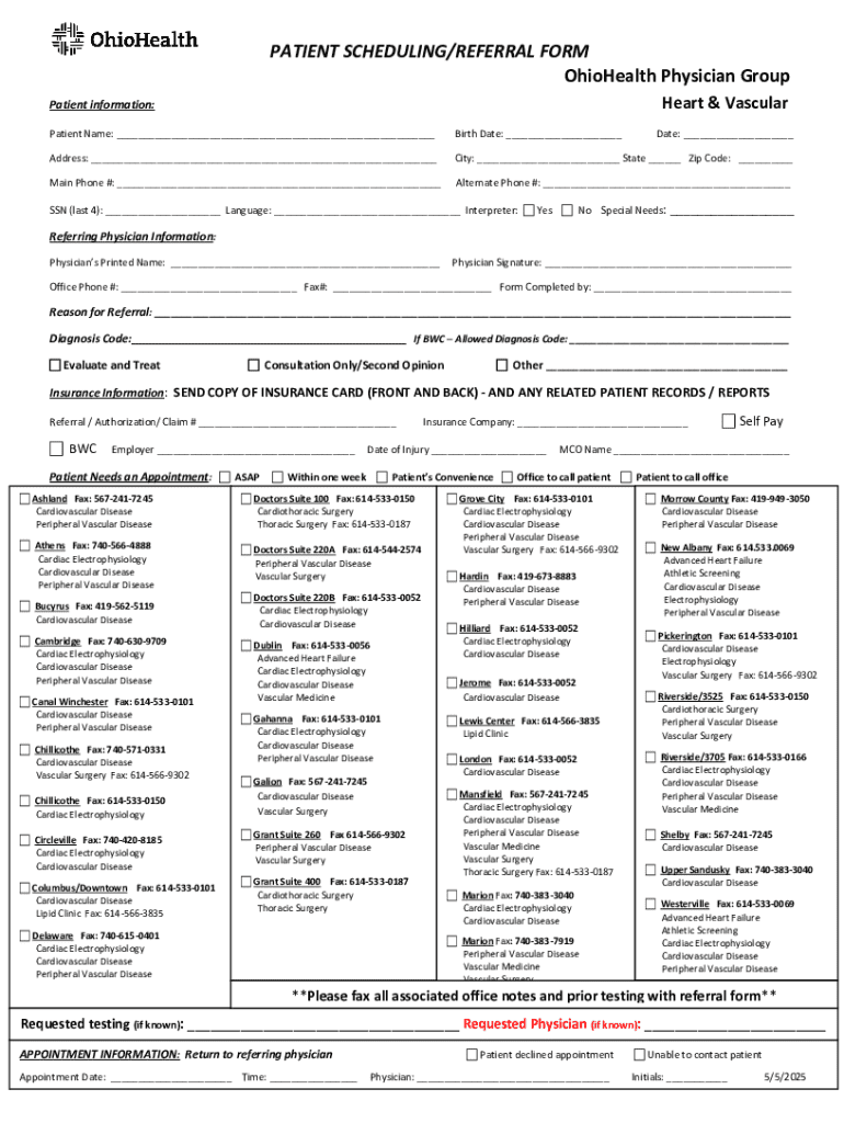 Fillable Online Ohiohealth Physician Group Heart & Vascular Patient ...