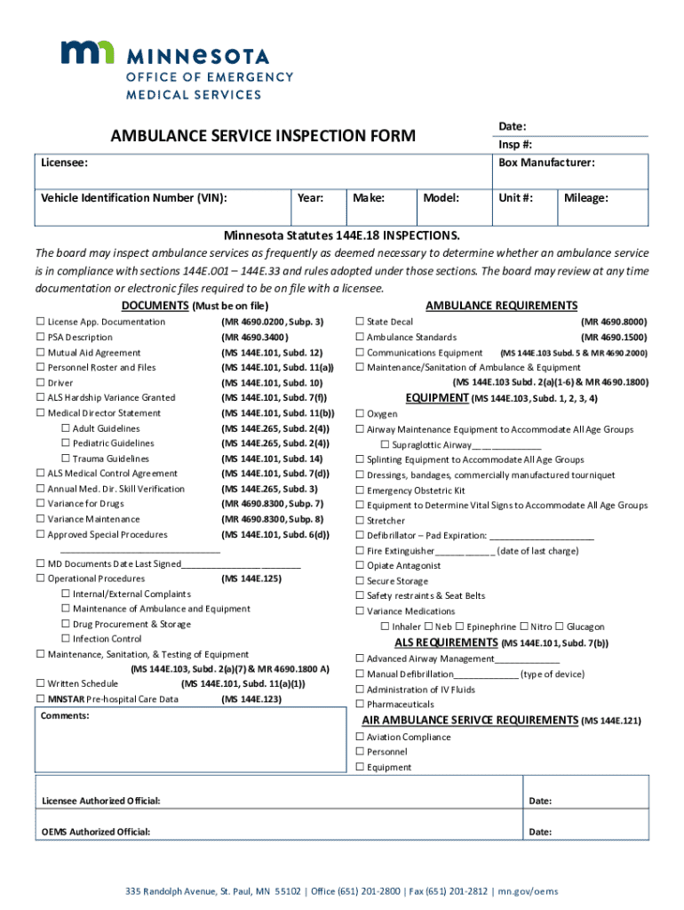 Fillable Online Ambulance Service Inspection Form Fax Email Print ...